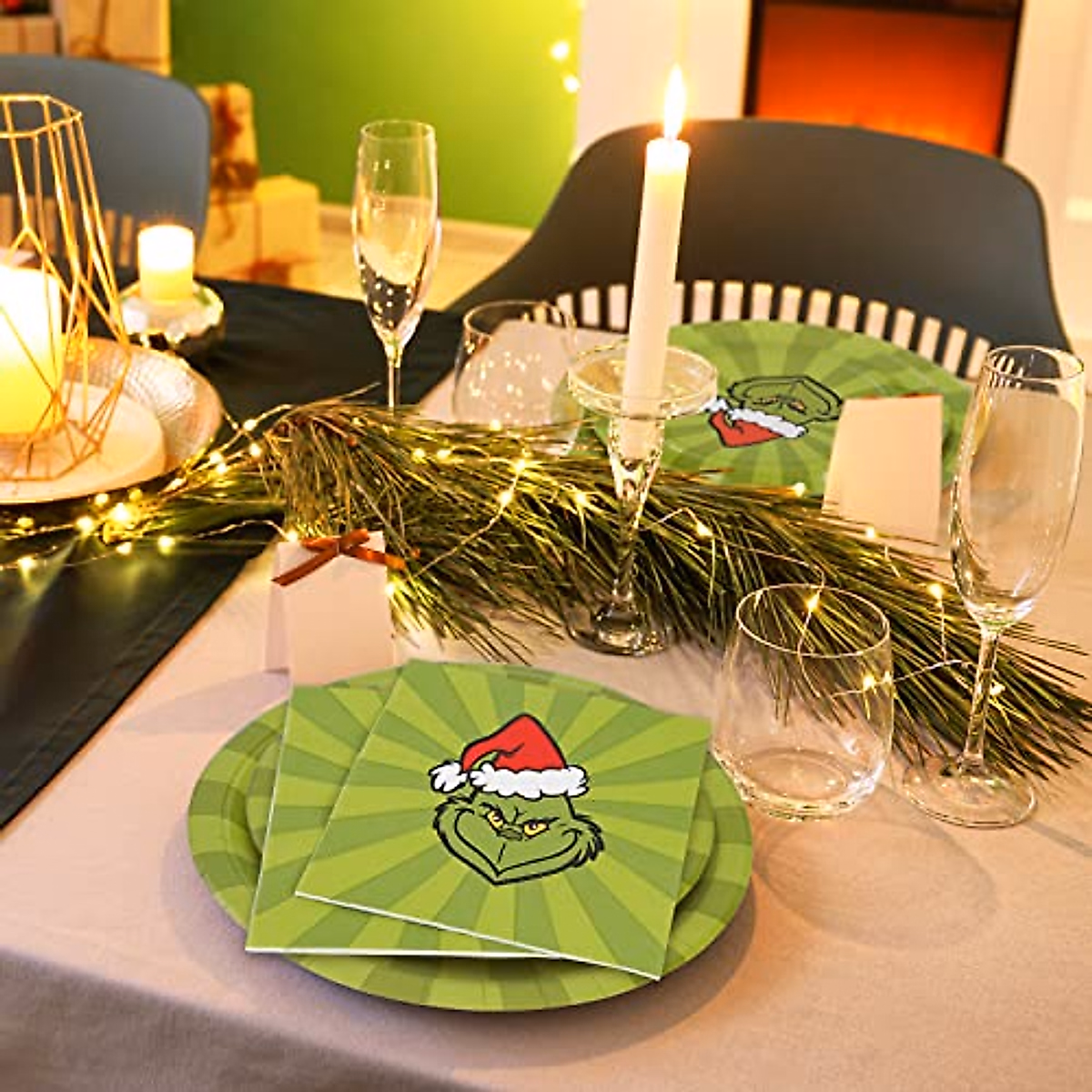 Whaline 100Pcs Christmas Tableware Set Green Christmas Character Disposable Dinnerware Set 50Pcs Paper Plates 25Pcs Napkin 25Pcs Cups for Xmas Theme Party Supplies Table Decorations