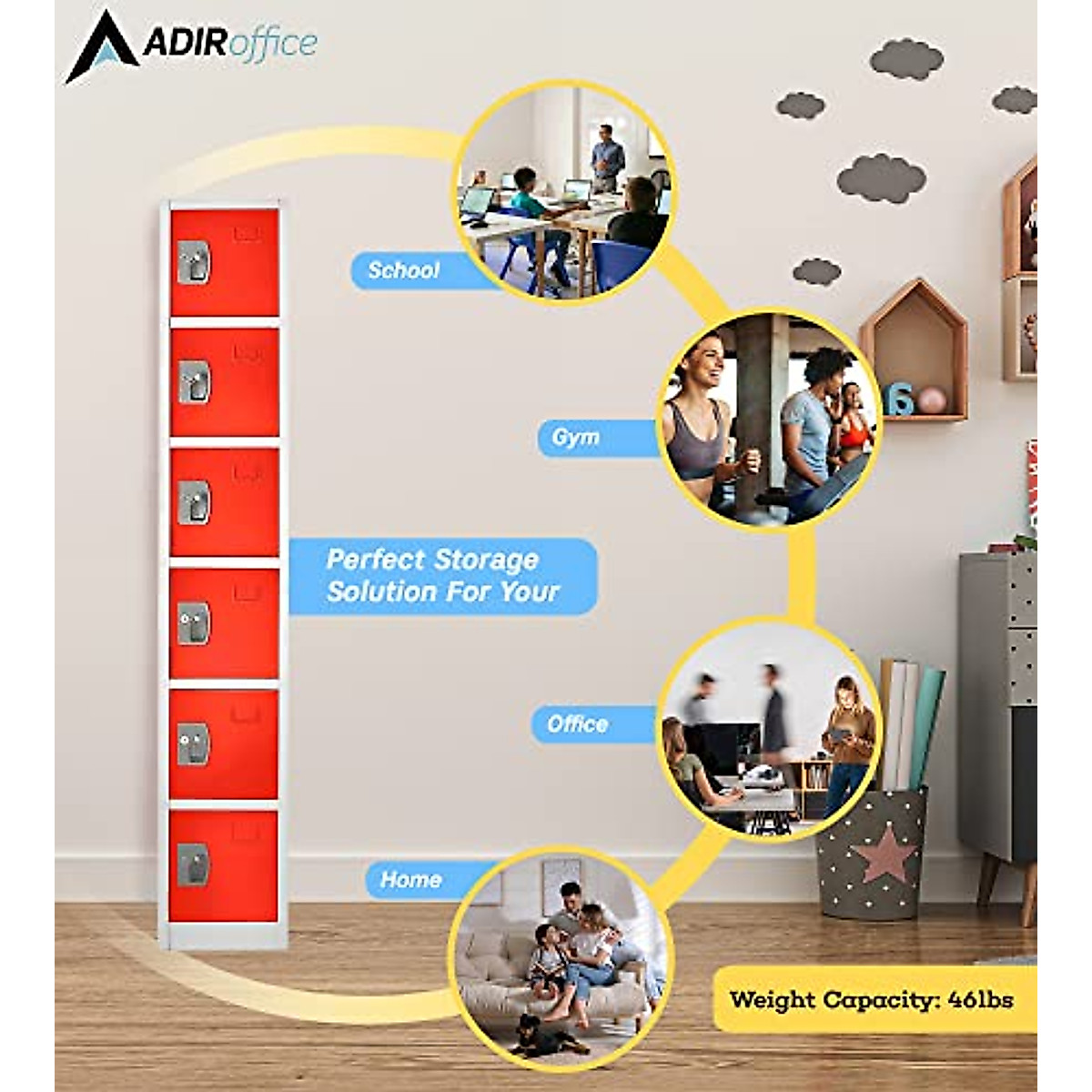 AdirOffice Large School Locker with 6 Doors 6 Hooks Storage Locker for Garage Storage - Office Storage Lockers (6 Door, Red)