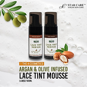 STAR CARE 1 THE 4 Cosmetics Argan & Olive Infused Lace Tint Mousse 3.38oz/ 100ml Concealer Tinted Mousse for Lace Wigs Hair Wigs Perfect Match Your Skin Tone (Medium Brown)