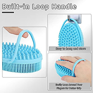 FREATECH Exfoliating Silicone Body Scrubber with Built-in Loop Handle, Dual-sided Bath Shower Body Brush for Deep Cleansing and Massage, Easy to Hold and Hang, Hygienic and Long-lasting, Light Blue