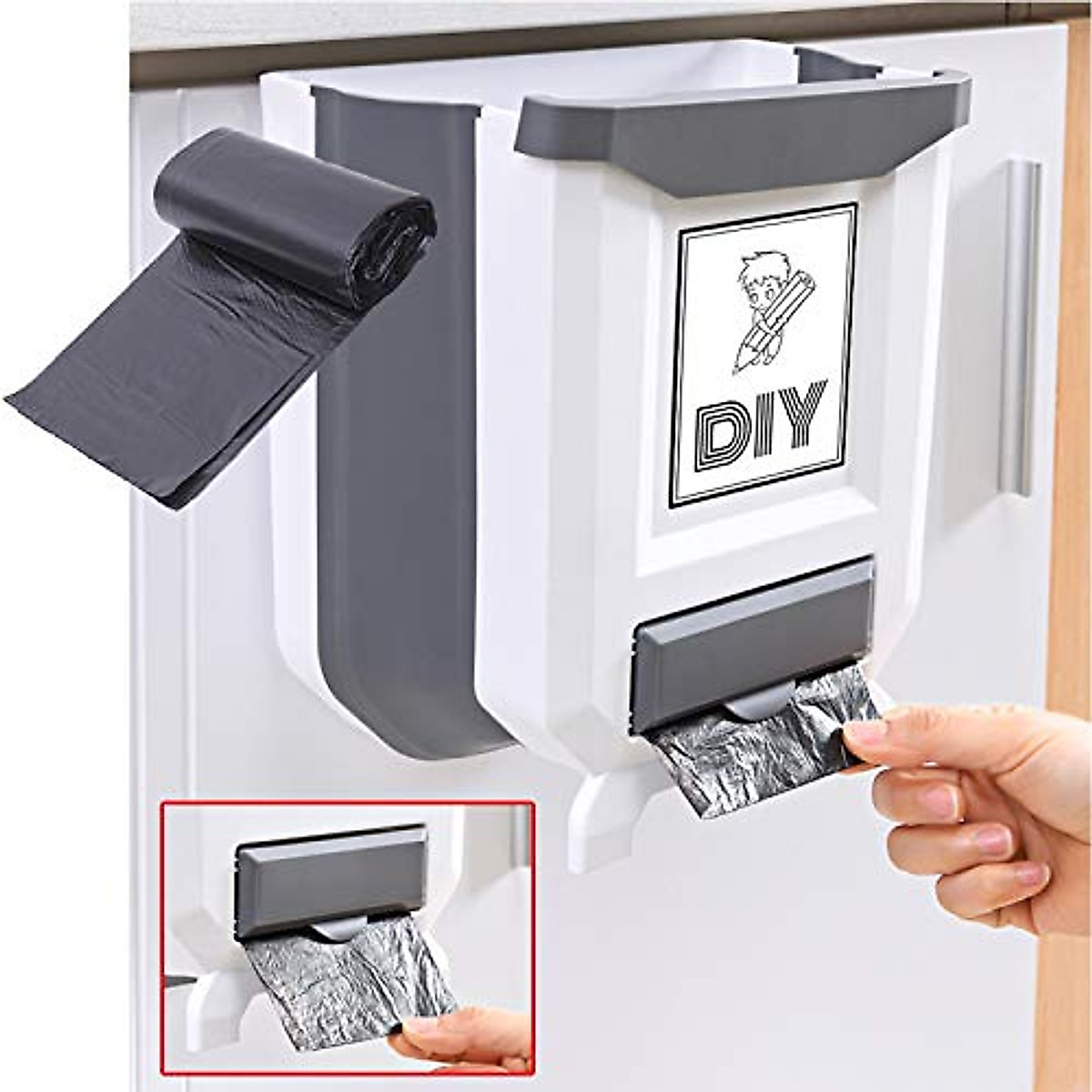 XIJING Small Hanging Kitchen Trash Can, Portable Mini Garbage Can and Collapsible Compact Trash Bin for Kitchen Cabinet Door Drawers, Room, Car, Bedroom Plastic Waste Bin - 9L/2.4 Gallon (White)