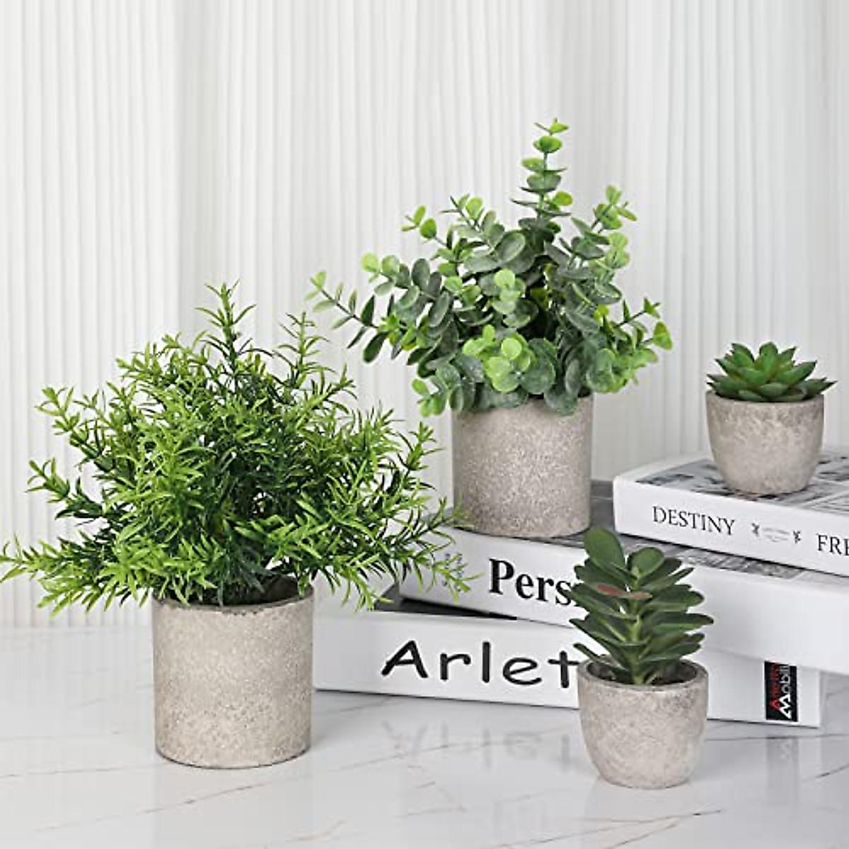 FIAHOSEY Set of 4 Fake Plant Indoor, Artificial Potted Eucalyptus Rosemary Mini Succulents Faux Plants in Paper Pulp Pots for Home Decor Living Room Bedroom Desktop Bookshelf Decoration