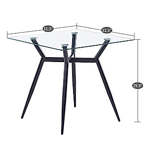 Knocbel Modern Square Glass Dining Table with Metal Legs, 177lbs Weight Capacity, 31.5" L x 31.5" W x 29.5" H (Clear and Black)