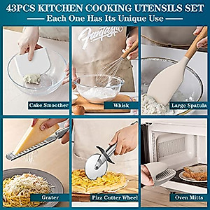 Silicone Cooking Utensils Set, 43Pcs Non-Stick Heat Resistant Kitchen Utensils Spatula Set with Wooden Handle for Baking, Cooking, and Mixing, Best Kitchen Gadgets Tools with Holder (Khaki)