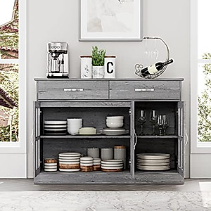 FOTOSOK Sideboard Buffet Cabinet with Glass Doors, Buffet Sideboard Kitchen Sideboard Cabinet Buffet Table with 2 Storage Drawers & Shelves for Dining Living Room, Gray Oak