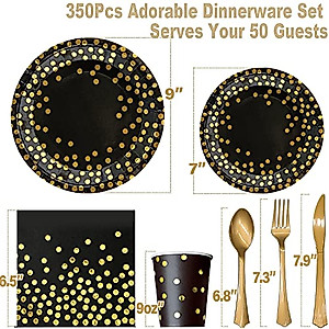 350PCS Black and Gold Party Decorations, 50 Guests 2023 Graduation Party Prom Decorations Gold Plastic Forks Knives Spoons Party Paper Plates Napkins Cups for Party Birthday New Year