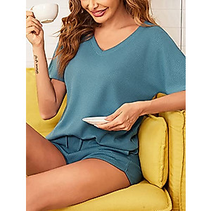 Ekouaer Womens Pajamas Set Shorts Waffle Knit Pjs Soft Loungewear Cozy Sleepwear Cotton Lounge Wear 2 Piece Matching Set Peacock Blue XXL