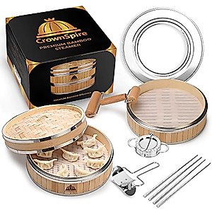 CrownSpire - bamboo steamer 10 inch - bamboo steamer basket - for vegetables + sea food + dumpling cutter + Stainless Steel chopsticks - adapter ring - reusable silicone liners - rolling pin