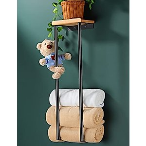 Towel Racks for Bathroom Wall Mounted - KEGII Towel Rack with Wooden Shelf 28'' Bathroom Storage for Folding Large Towels, Bath Rolled Towels, Matte Black