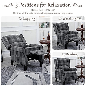 Pushback Recliner Chair,Upholstered Wingback Traditional Push Back Recliner Single Sofa,Mid Century Modern Lounge Armchair for Living Room,Home Theater Accent Chairs Recliners Couches (Grey Check)