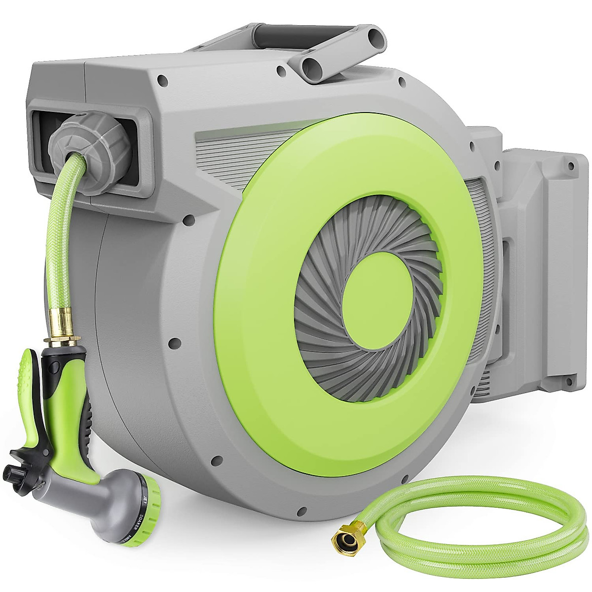 REDUCTUS 5/8" x 85 ft Retractable Garden Hose Reel, Wall Mount Retractable Water Hose with 10 Pattern Hose Nozzle, Any Length Lock/180° Swivel Automatic Hose Reels for Outside Garden Watering