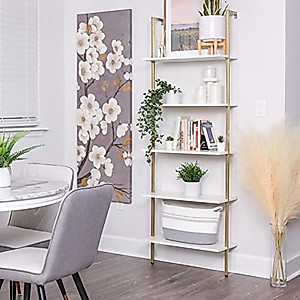 SUPERJARE Modern Ladder Shelf, 5-Tier Open Wall-Mounted Bookshelf with Stable Metal Frame, 72 Inches Storage Rack Shelves, Stand Bookcase for Home Office - White/Gold