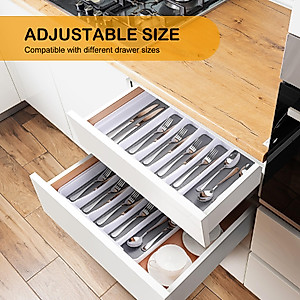 CiWiVOKi Utensil Drawer Organizer, Expandable Silverware Organizer for Kitchen Drawer, Large Cutlery Tray Flatware Holder, Plastic Kitchen Storage for Spoons Knives Forks, 7-Slots, White/Grey