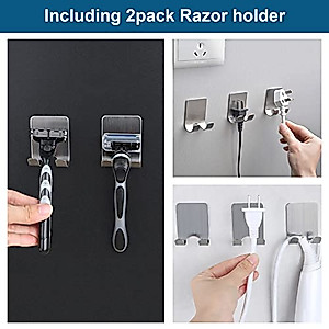 Diesisa Razor Holder for Shower + Adhesive Wall Hooks, Premium 304 Stainless Steel Shower Razor Holder with Heavy Duty Waterproof Sticky Hooks for Hanging Towels, Coat, hat (2+2 Pack)