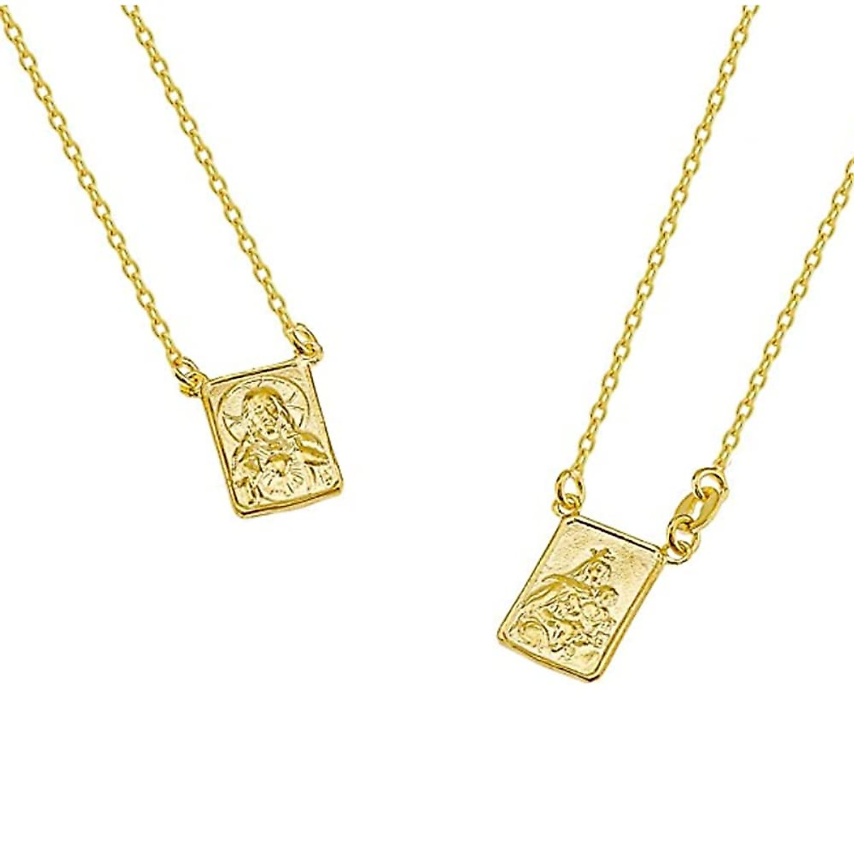 FRONAY 14k Gold Plated Silver Escapulario Necklace, Double Sided Scapular Pendant, Religious Fine Jewelry