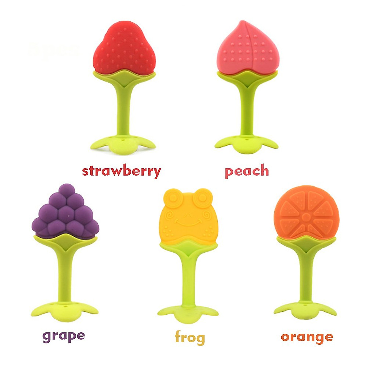 Baby Teething Toys - Natural Organic Freezer Safe Teether Set with Pacifier Clip for 3 to 12 Months Babies, Soft Silicone Fruit Teethers Toys, Infant and Toddler(5 Pack）