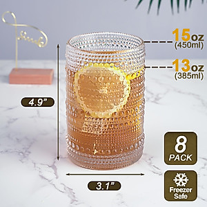 LEYU 15oz Hobnail Drinking Glasses Set of 8, Vintage Glassware Sets for Water Cocktail Whiskey and Mixed. kitchen and Bar Beaded Glass Cups, Clear Bubble Glassware Sets