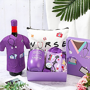 Nurse Gifts Women Nurse Appreciation Gift Graduation for Nurse Gift Practitioner Nurse Christmas Gifts, Badge, Cosmetic Bag, Tumbler, Scroll Holder, Socks, Bag Cup (Purple, Stylish Style)
