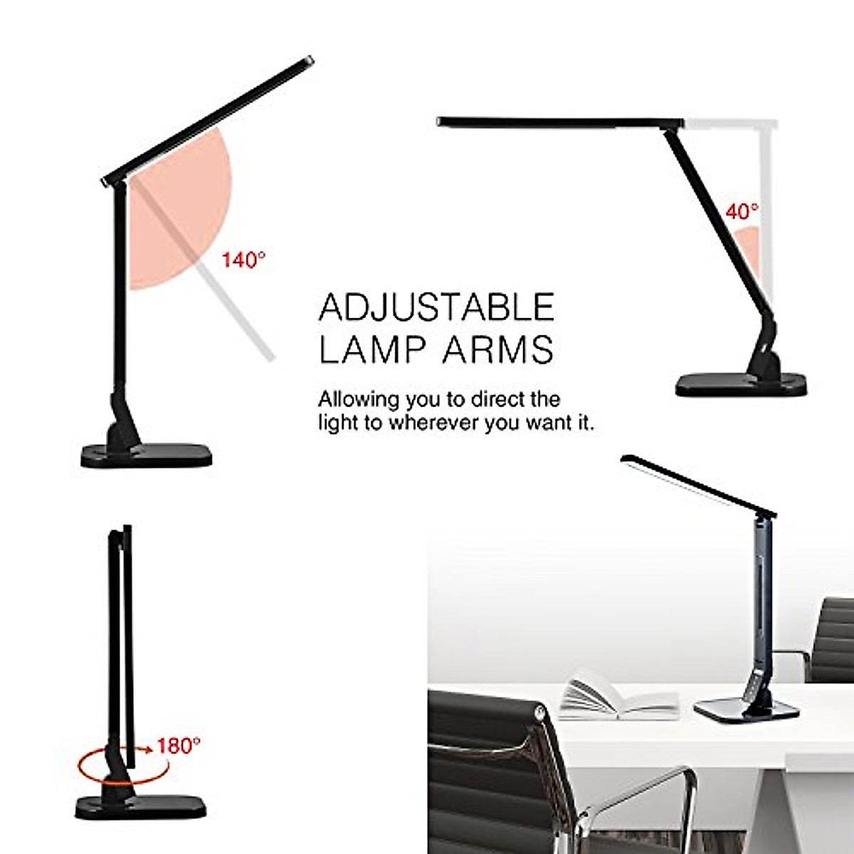 Tenergy 11W Dimmable Desk Lamp with USB Charging Port, LED Adjustable Lighting for Reading, 5 Brightness Levels 4 Light Colors Table Light