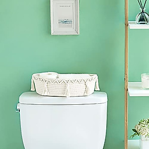 Mkono Macrame Hanging Laundry Hamper and Small Macrame Storage Basket for Toilet Tank Top Boho Bathroom Decor for Bedroom Living Room Nursery, Ivory, Set of 2