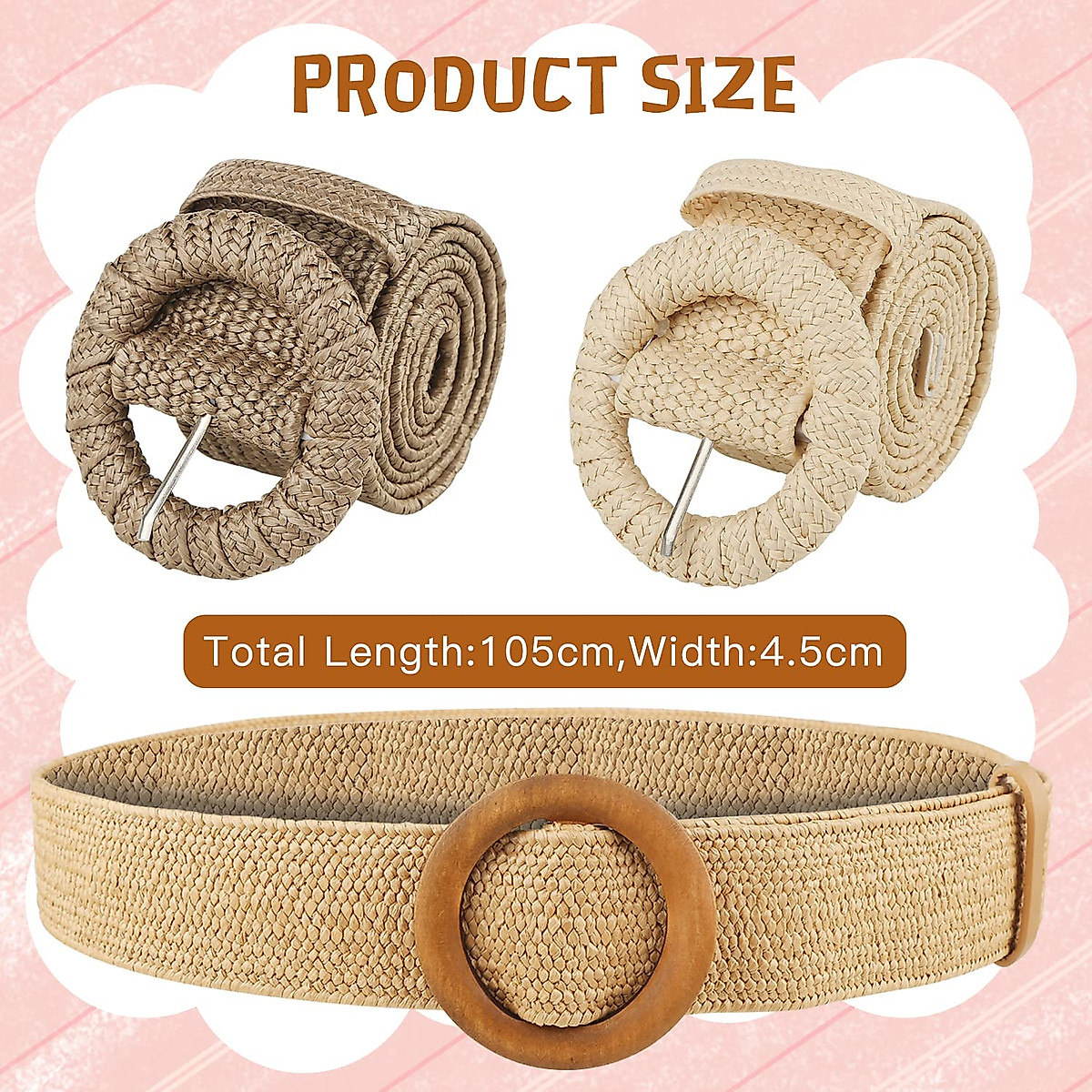 Women Woven Rattan Wide Stretch Straw Belt(Cream)