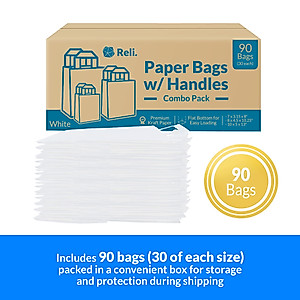 Reli. 90 Pack | Assorted Sizes White Paper Bags w/Handles | 7x3.15x8-8x4.5x10.25-10x5x13 | 30 Bags Each Size | Paper Bags Combo Pack | Retail Bags/Shopping Bags, Gift Bags