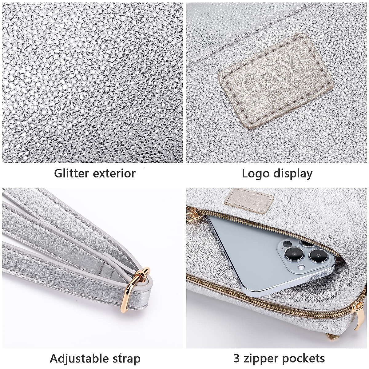 GAYI URBAN Glitter Crossbody Bags for Women, Sparkle Shoulder Handbags with Chain, Ladies Clutch Purses with Zipper Closure (Silver)