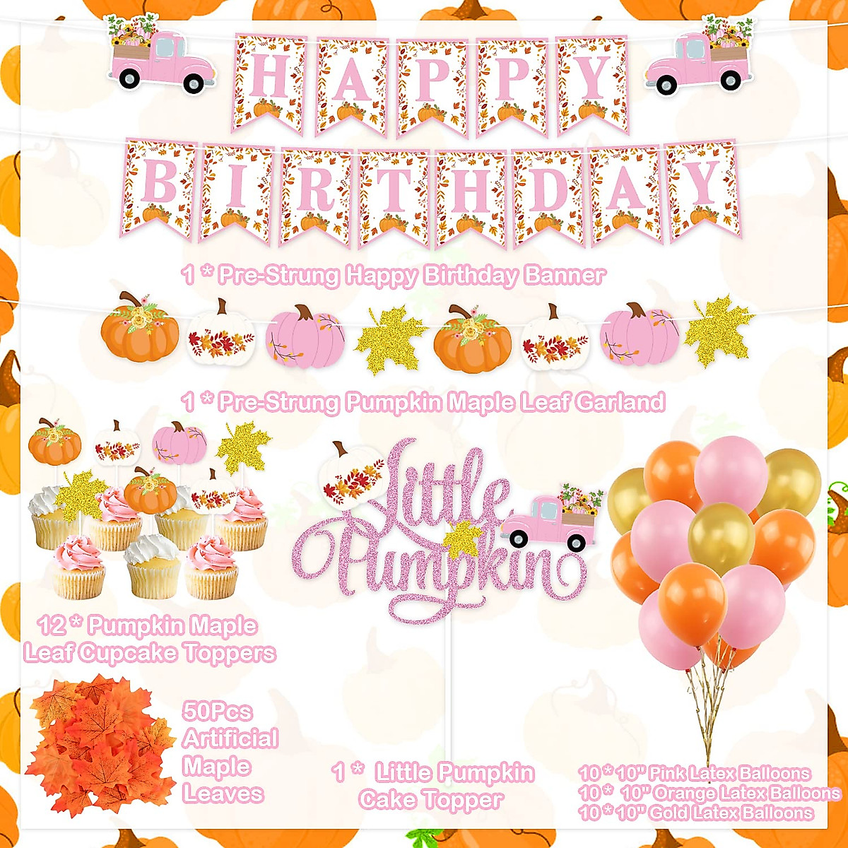 Pink Fall Pumpkin Birthday Party Decorations, Little Pumpkin Birthday Banner Cake Topper Balloons for Girls Fall Birthday Baby Shower Thanksgiving Party