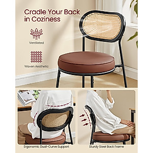 VASAGLE Dining Chairs, Set of 2 Dining Room Chairs with Boho PE Rattan Back, Synthetic Leather Upholstered Accent Chairs for Kitchen Living Room, Coffee Brown ULDC160K02V1