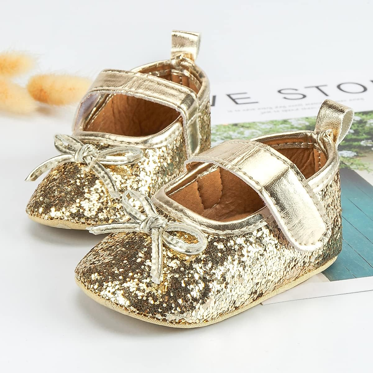 Meckior Infant Baby Girls Soft Sole Bowknot Princess Wedding Dress Mary Jane Flats Prewalker Newborn Light Baby Sneaker Shoes