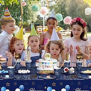 Capoda Birthday Party Supplies Happy Birthday Tableware Set Confetti Starry Tablecloth Plates Cups Napkins Dinnerware for Kids Adults Party Supplies Decor(Navy Blue and Gold)
