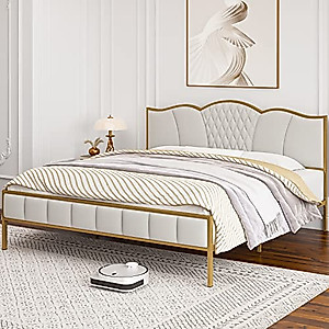 HITHOS Queen Size Bed Frame, Modern Upholstered Bed Frame with Tufted Headboard, Heavy Duty Platform Bed with Wood Slat Support, Noise Free, No Box Spring Needed (Light Grey, Queen)