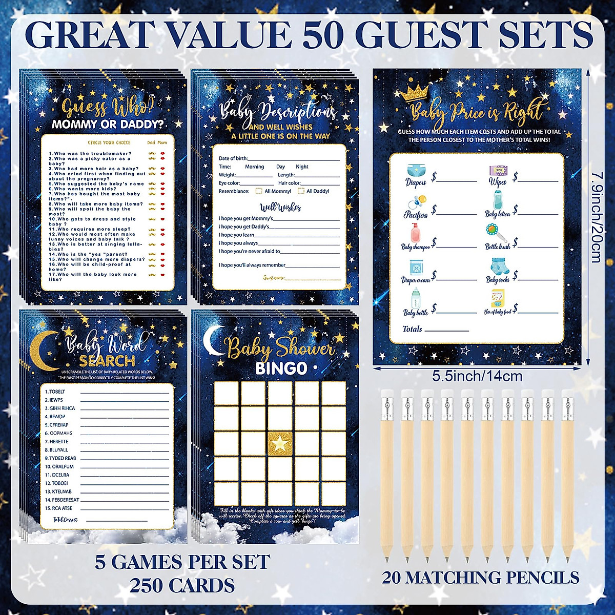 Patelai 321 Pcs Baby Shower Games Supplies, 5 Sets (50 Cards Each) Activities Cards with 20 Pencils 1 Don't Say Baby Sign 50 Clothespin(Twinkle Little Star)