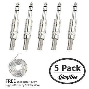 1/4" Audio Plugs 6.35 mm Plug TRS Male 1/4 inch Solder Type Stereo Plug Straight Design Connector with Spring for DJ Mixer Speaker Cables Guitar Cables Phono Patch Cable Microphone Cables (5 Pack)