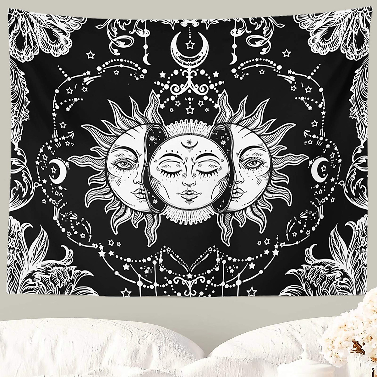 Ftuency Sun and Moon Tapestry Black and White Tapestries Mystic Burning Sun with Star Wall Hanging decor for Bedroom(94.5" W x 70.9" L)