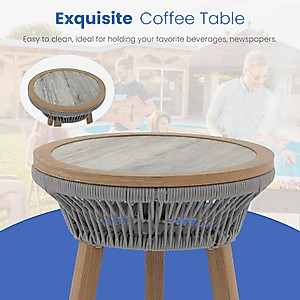 SUNSITT 3 Piece Patio Furniture Set, Aluminum Outdoor Bistro Set w/Wood Grain, Woven Rope Bistro Table and Chairs Set of 2, Patio Conversation Bistro Sets w/Grey Cushions for Balcony, Porch, Backyard