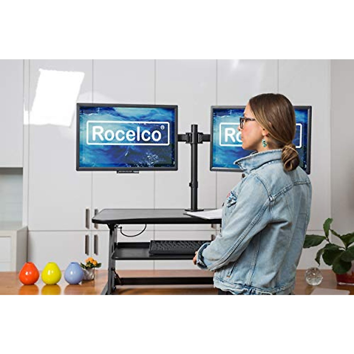 Rocelco 40" Large Height Adjustable Standing Desk Converter with Dual Monitor Mount BUNDLE - Quick Sit Stand Up Computer Workstation Riser - Retractable Keyboard Tray - Black (R DADRB-40-DM2)