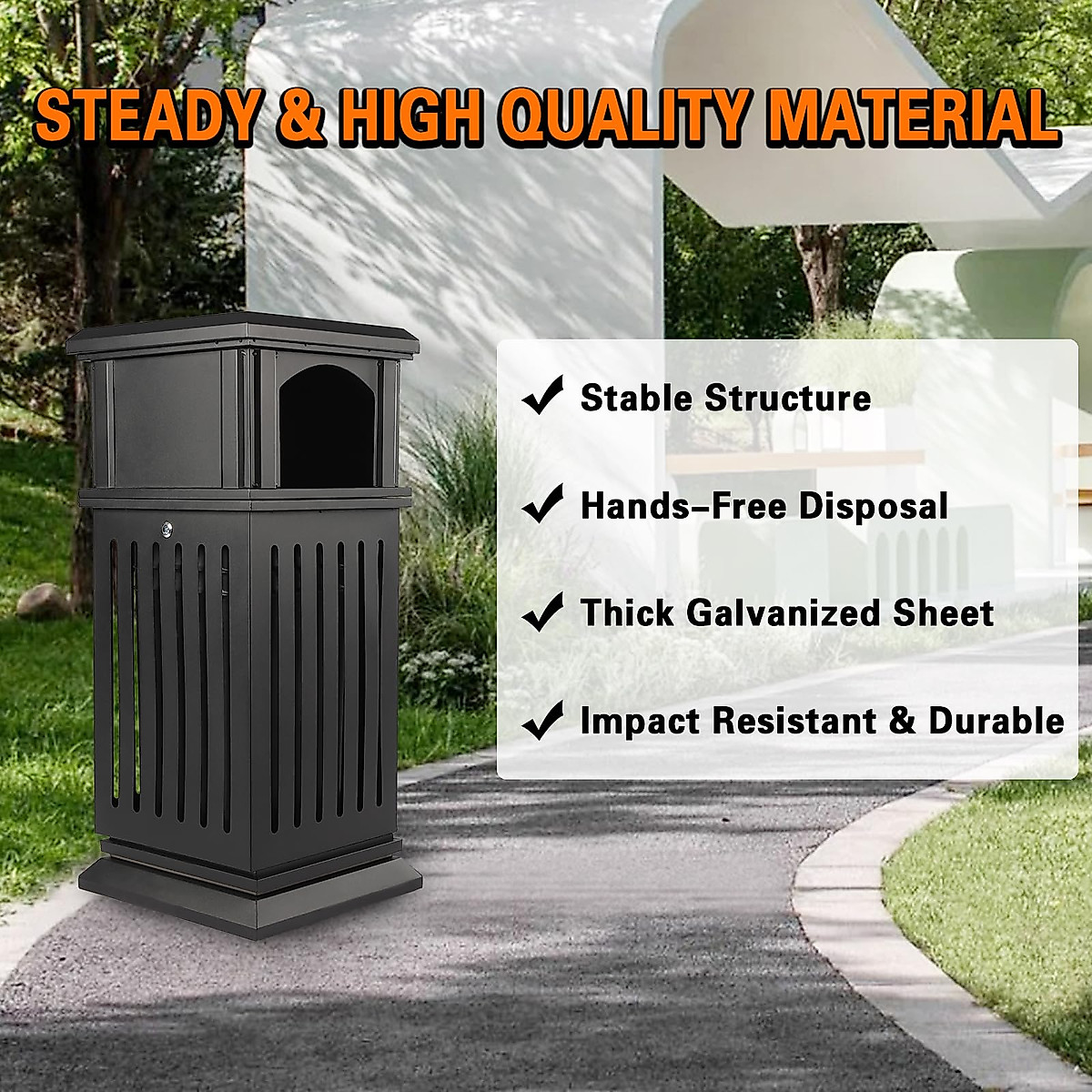 Outdoor Trash Can, 40L Commercial Garbage Enclosure with Locking Lid, Heavy Duty Industrial Yard Garage Waste Container, Installation-Free, 35.4 x 15.7 x 15.7 in, Galvanized Sheet (Black)