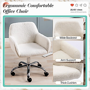 Homedraft Faux Fur 360°Swivel Desk Chair, Height Adjustable Home Office Armchair with Slivery Base for Teens Women Girls, Upholstery Computer Chair for Home Studios, Sherpa & White