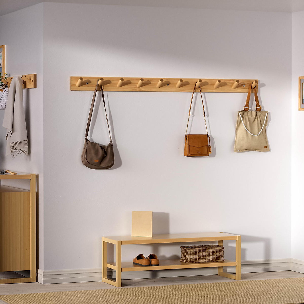 SKOLOO Wood Coat Rack Wall Mounted,10 Peg Long Bamboo Hook for Hanging Backpack Coat Towel Hat,16'' Hole to Hole,Natural