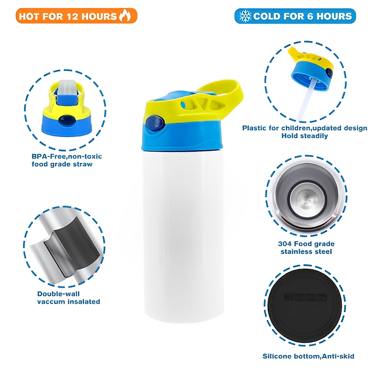 Icesip 30 PACK 12oz Kids Sublimation Tumbler Bulk,Sublimation Kids Water Bottle with One-click Pop-up Straw Lid and Handle, Spill Proof lid,for Water,Drinks