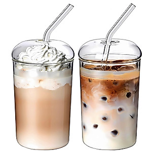 Ework4U 2 Pcs Drinking Glasses with Glass Lids and Glass Straw 16oz Glassware Set,Iced Coffee Glasses,Ideal for Water,Soda,Tea,Gift - with Cleaning Brushe