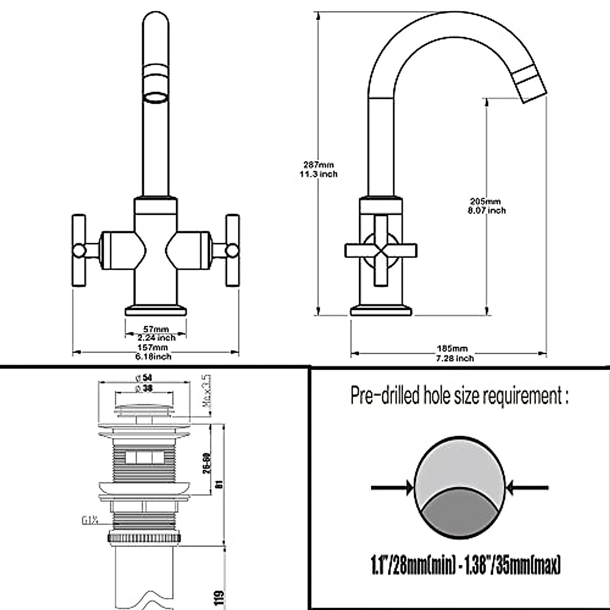 Phiestina Matte Black Centerset Bathroom Faucet, 4 Inch Single Hole or 3 Hole Vanity Faucet with 360°Swivel Spout, Deck Plate, Drain and Water Supply Line, SGF03-10-MB