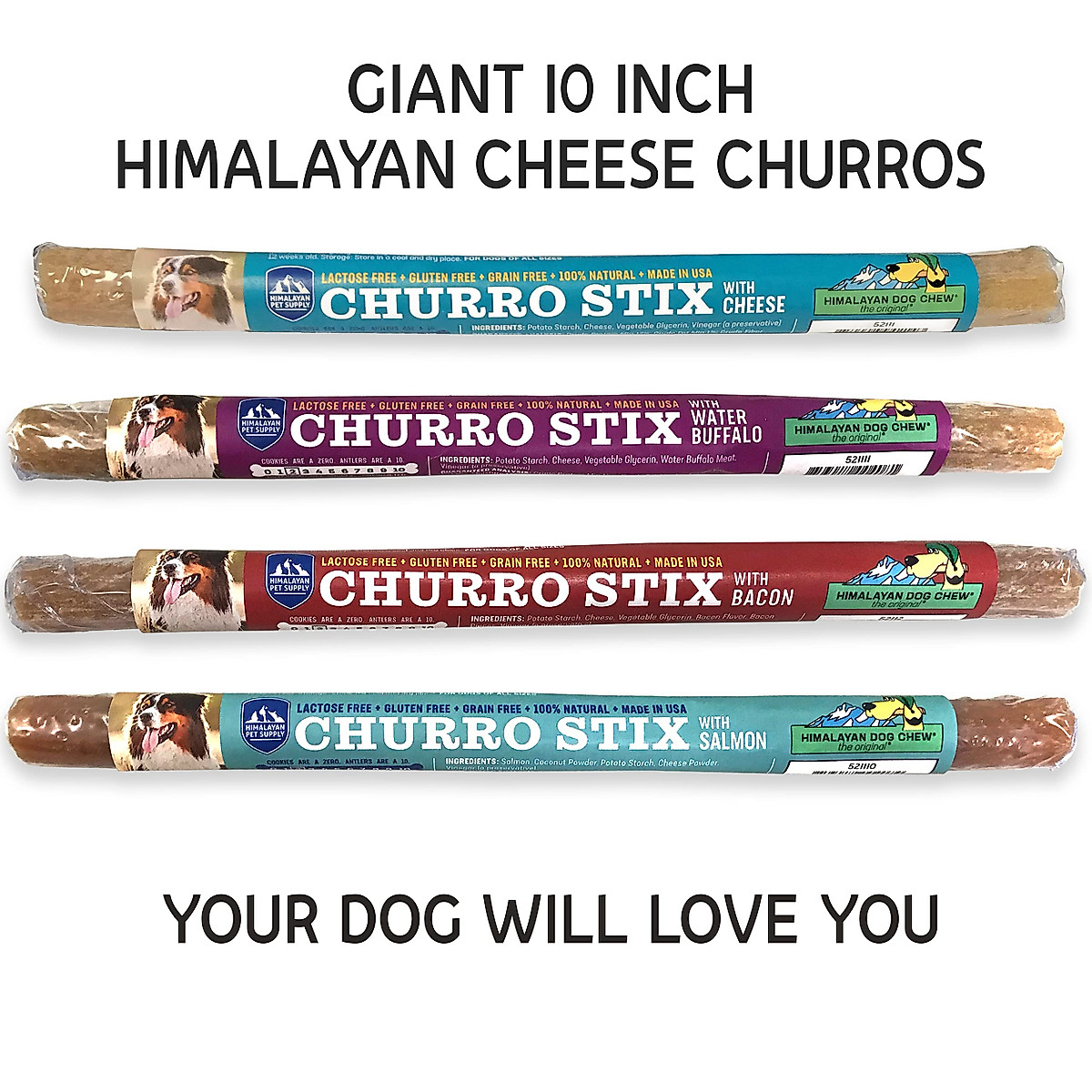 yaky Churro Himalayan Cheese Treats | Lactose Free - Gluten Free - Grain Free | USA Made | for All Breeds | 1 x 10 inch Churro | Real Himalayan Cheese Churro