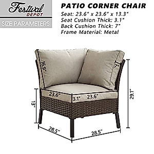 Festival Depot 1 Pc Patio Wicker Rattan Sectional Corner Sofa Seat Outdoor Chair Furniture with Thick Cushions and Metal Frame for Deck Porch Poolside Garden
