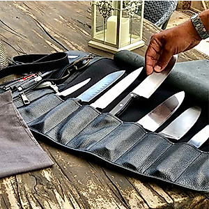 Marion - LE MINUIT - Genuine Calf Top Grain Black Leather - Handcrafted Professional Chef's Knife Storage Roll Bag - 8 Pockets - Adjustable Shoulder Strap - Zippered Interior and Exterior Pocket