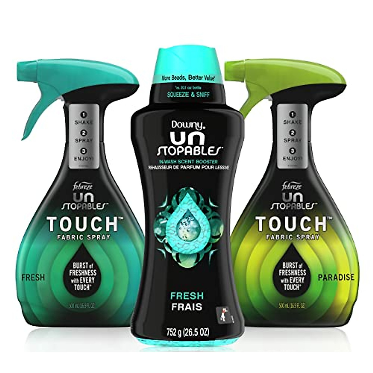 Febreze Fabric Spray & Downy Unstopables Kit - Includes Downy Laundry Scent Booster Beads (Fresh, 26.5 Ounce) and Febreze Unstopables Touch Fabric Refresher Spray (Fresh & Paradise, 16.9 Oz)
