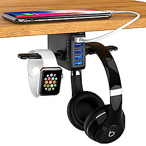 ZONV Headphone Stand Under Desk 5 USB QC 3.0 Quick Charger Rack Headset Hook Holder Hanger Mount Station(8A/40W), Pc Gaming Headsets Switch Earphone Wire Organizer Adapter