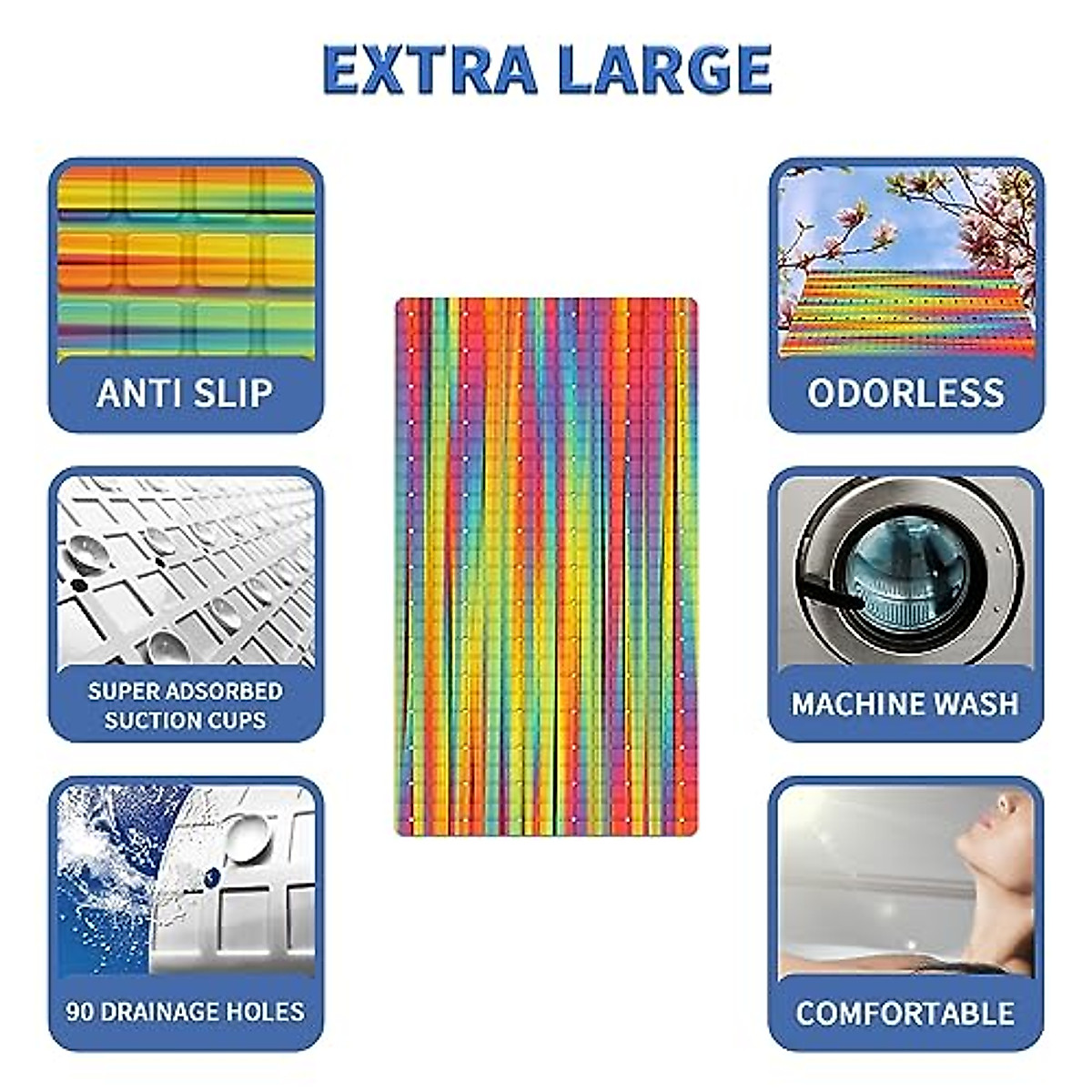 Bath Tub Shower Mat 26.8 x 15 Inch Non-Slip Safety Bathtub Mat with Suction Cups Machine Washable Bathroom Mats with Drain Holes Colorful Striped