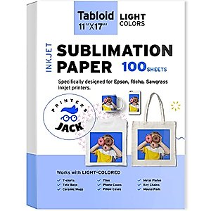 Printers Jack Sublimation Paper 100 Sheets 11" x 17" 120 gsm for Any Epson Sawgrass Inkjet Printer with Sublimation Ink for T-shirt, Ceramic, Mouse Pad, Towel, DIY Unique Gifts